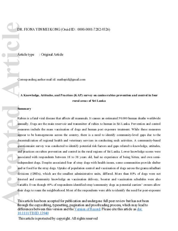 (PDF) A Knowledge, Attitudes, and Practices (KAP) survey on canine rabies prevention and control ...