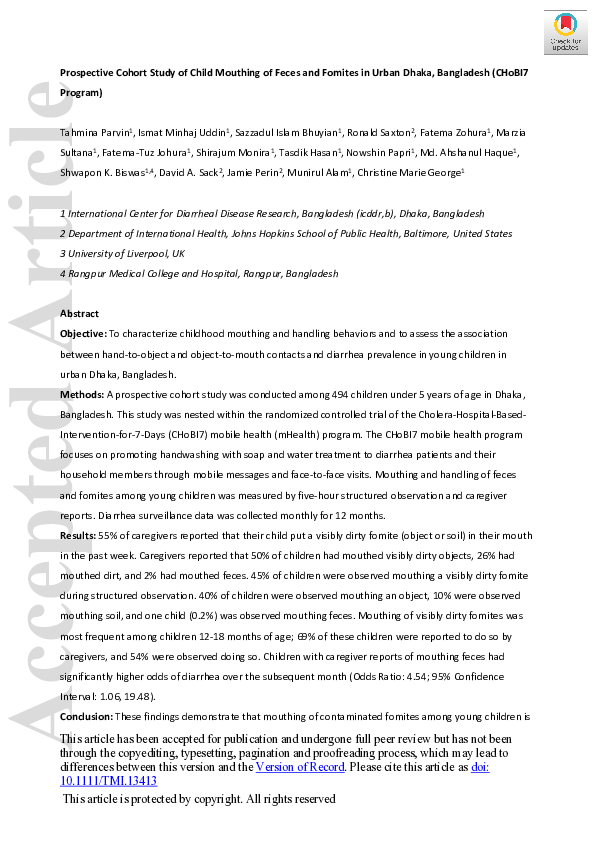 (PDF) Prospective cohort study of child mouthing of faeces and fomites ...