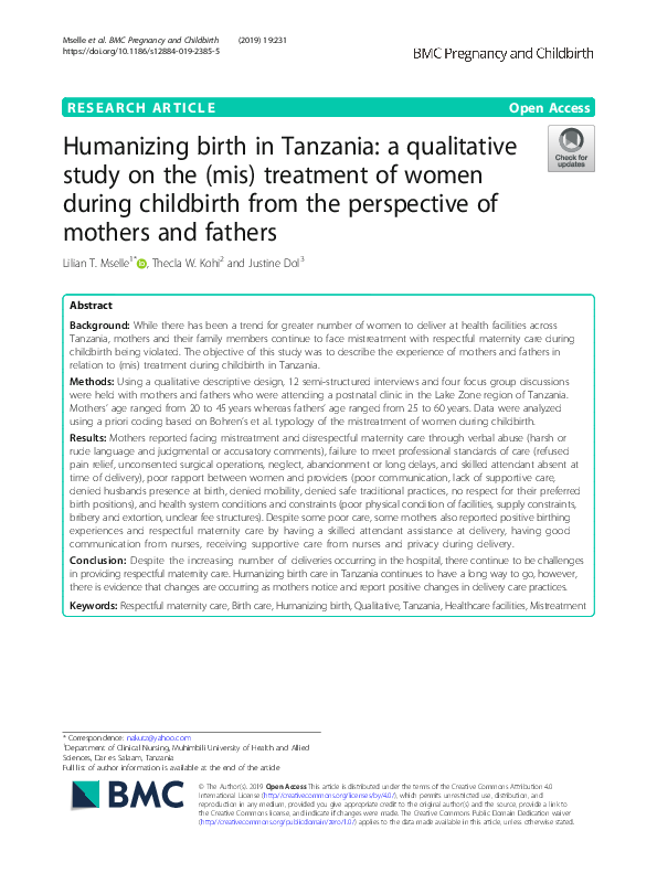 (PDF) Humanizing birth in Tanzania: a qualitative study on the (mis ...