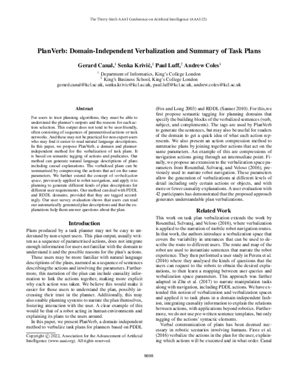 (PDF) PlanVerb: Domain-Independent Verbalization and Summary of Task Plans