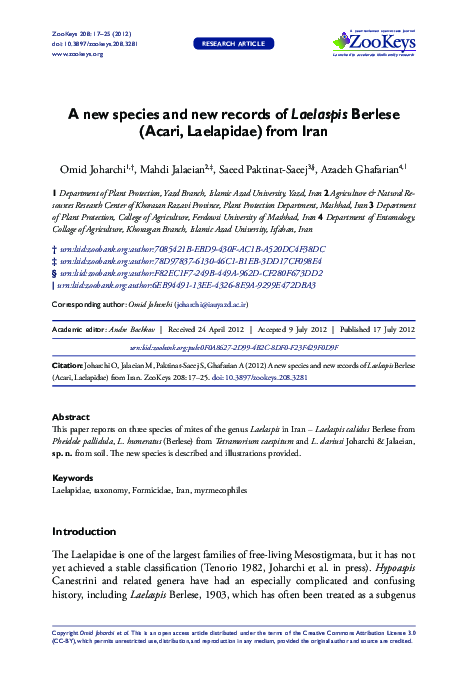 (PDF) A new species and new records of Laelaspis Berlese (Acari ...