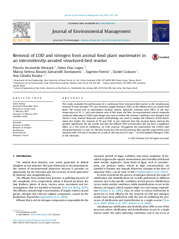 (PDF) Removal of COD and nitrogen from animal food plant wastewater in ...