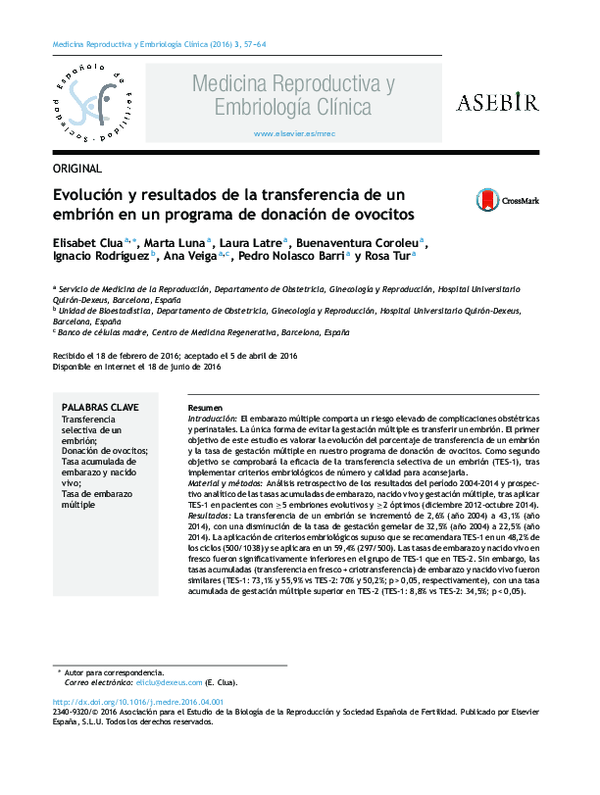 (PDF) Evolución y resultados de la transferencia de un embrión en un programa de donación de ...