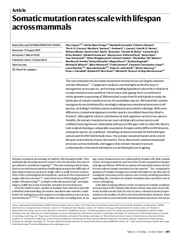 Pdf Somatic Mutation Rates Scale With Lifespan Across Mammals