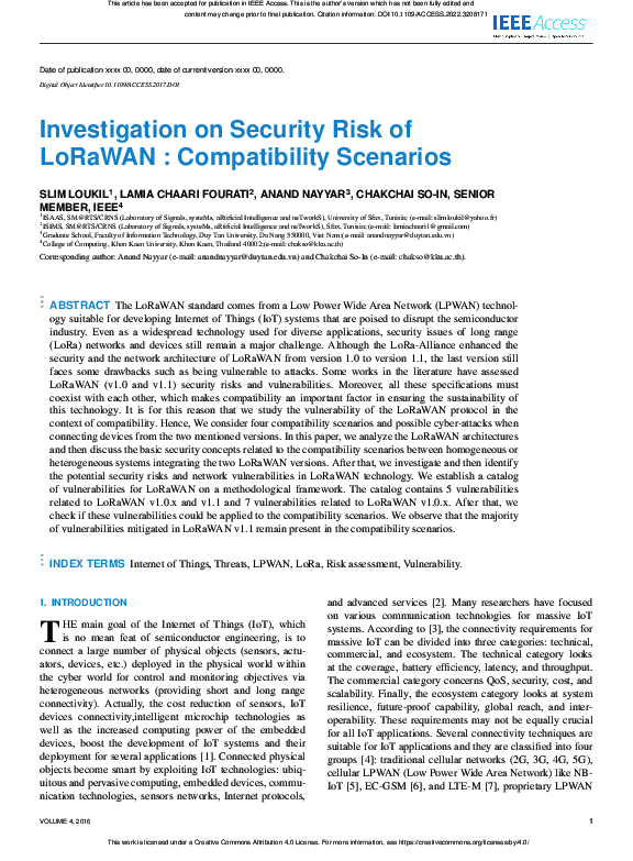 (PDF) Investigation on Security Risk of LoRaWAN : Compatibility Scenarios