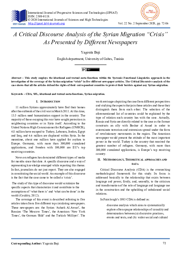 (PDF) A Critical Discourse Analysis of the Syrian Migration “Crisis” As ...