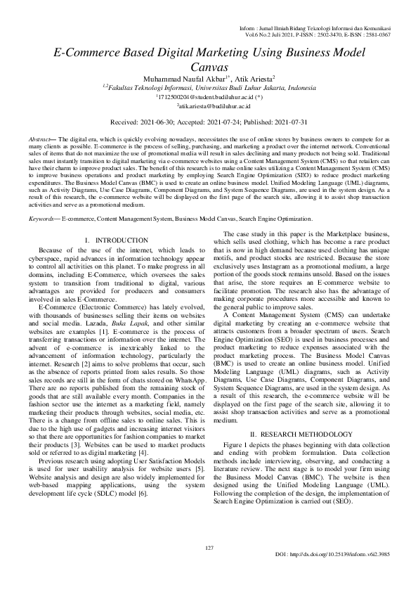 (PDF) E-Commerce Based Digital Marketing Using Business Model Canvas