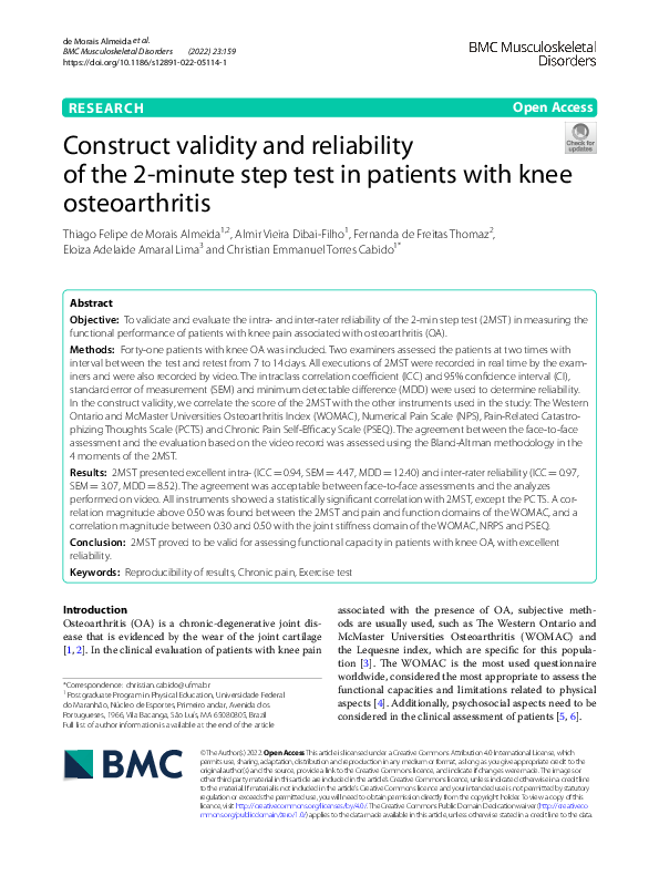 (PDF) Construct validity and reliability of the 2-minute step test in ...