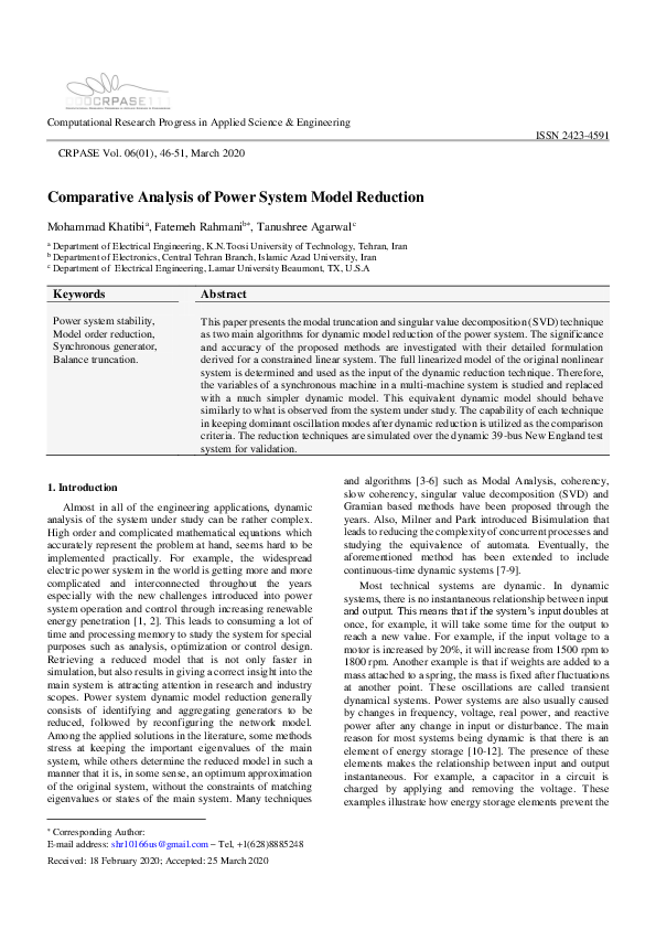 (PDF) Comparative Analysis of Power System Model Reduction