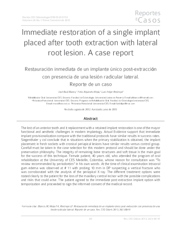 (PDF) Immediate restoration of a single implant placed after tooth ...