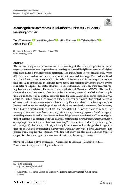 (PDF) Metacognitive awareness in relation to university students’ learning profiles