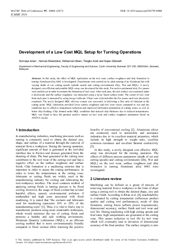 (PDF) Development of a Low Cost MQL Setup for Turning Operations