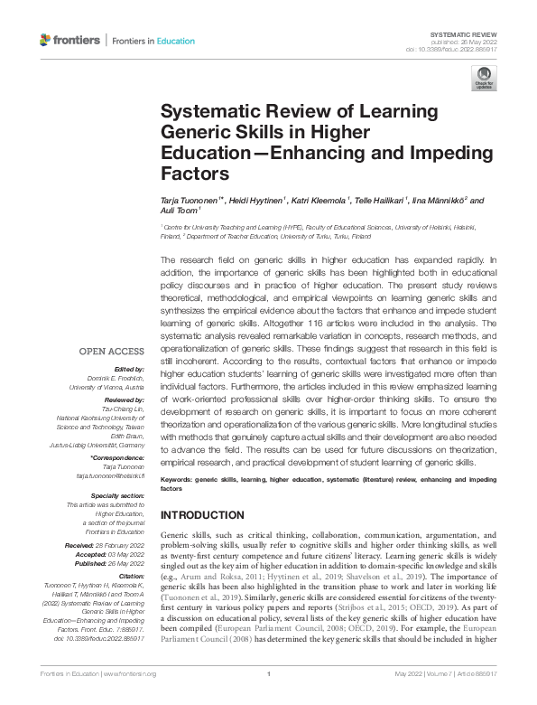 (PDF) Systematic Review of Learning Generic Skills in Higher Education ...