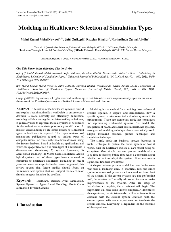 (PDF) Modeling in Healthcare: Selection of Simulation Types
