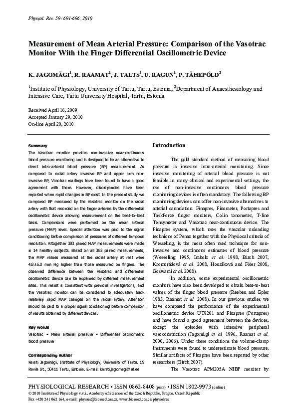 (PDF) Measurement of mean arterial pressure: comparison of the Vasotrac ...