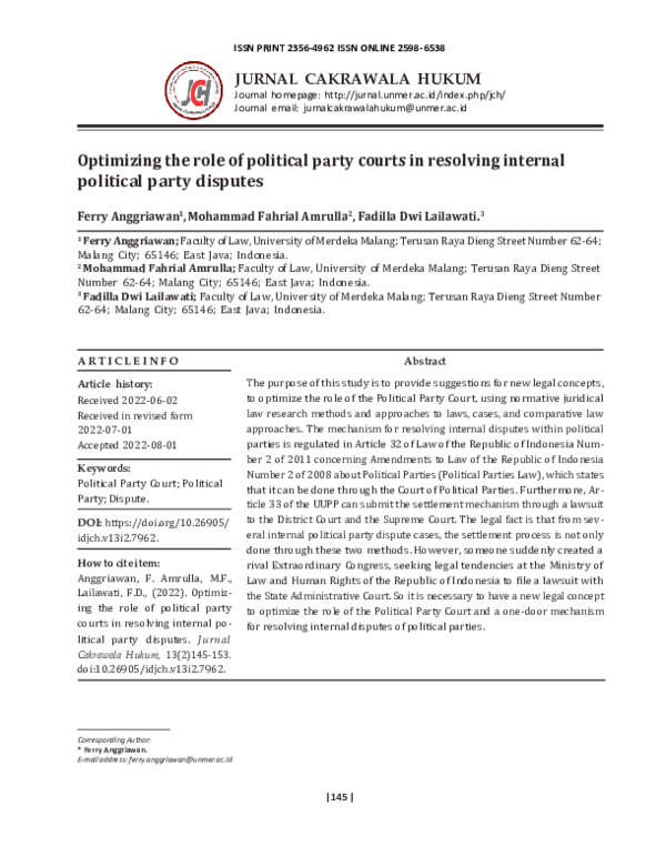 (PDF) Optimizing the role of political party courts in resolving ...