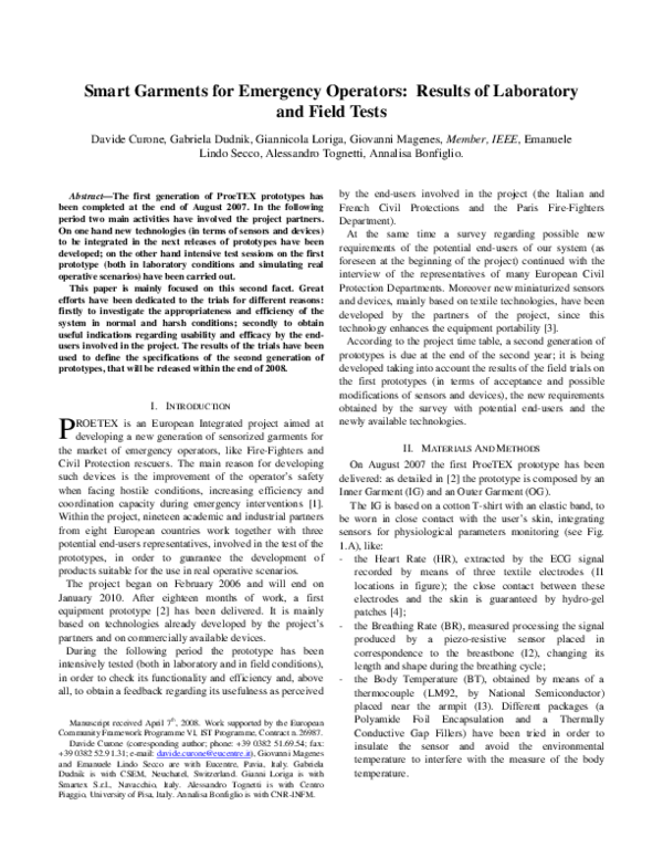 (PDF) Smart Garments for Emergency Operators: Results of Laboratory and ...