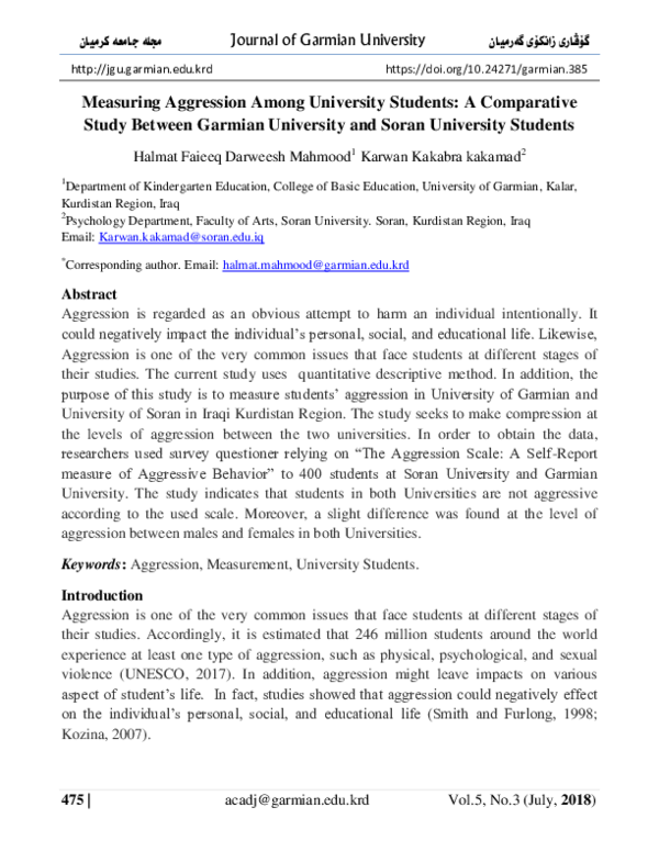 (PDF) Measuring Aggression Among University Students: A Comparative ...