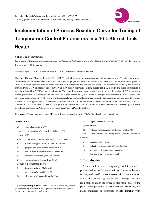 (PDF) Implementation of Process Reaction Curve for Tuning of Temperature Control Parameters in a ...