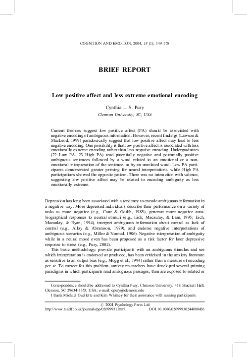 (PDF) Low Positive Affect and Emotional Encoding