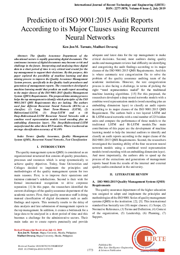 (PDF) Prediction of ISO 9001:2015 Audit Reports According to its Major Clauses using Recurrent ...