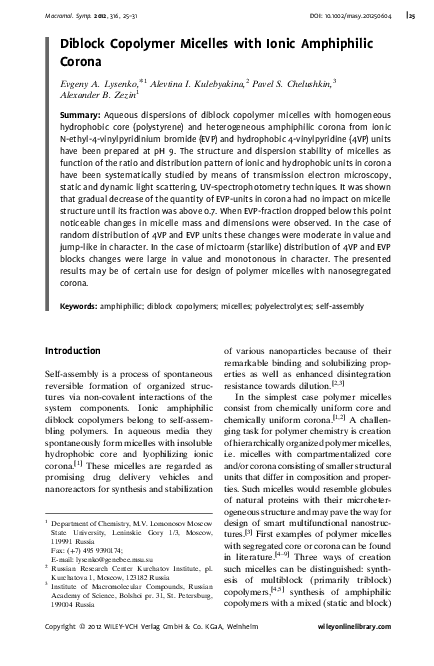 (PDF) Diblock Copolymer Micelles with Ionic Amphiphilic Corona