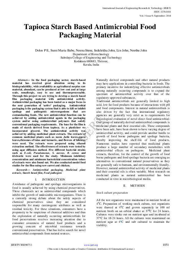 (PDF) Tapioca Starch Based Antimicrobial Food Packaging Material