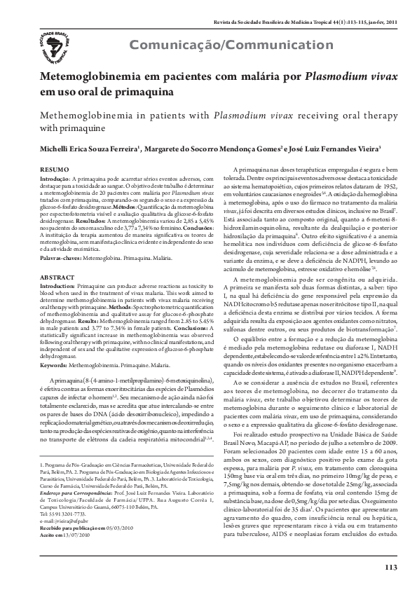 (PDF) Metemoglobinemia em pacientes com malária por Plasmodium vivax em ...