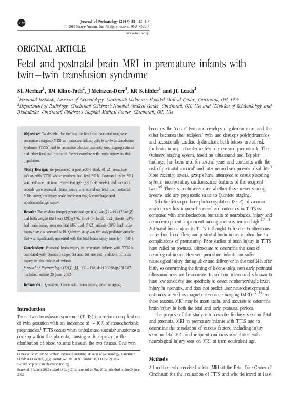 (PDF) Fetal and postnatal brain MRI in premature infants with twin–twin ...
