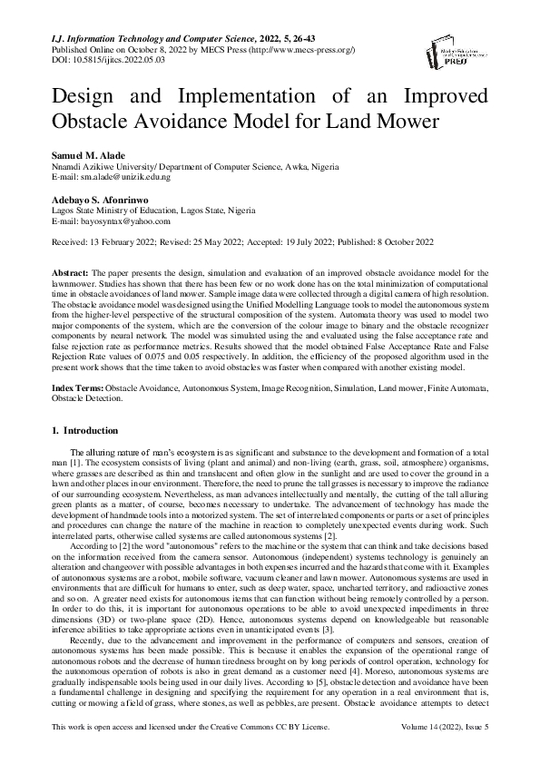 Pdf Design And Implementation Of An Improved Obstacle Avoidance Model