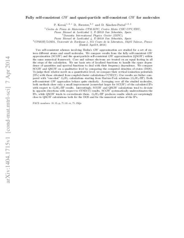 (PDF) Fully self-consistentGWand quasiparticle self-consistentGWfor molecules