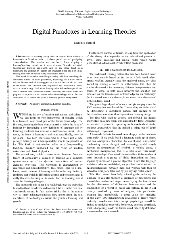 (PDF) Digital Paradoxes In Learning Theories | Marcello Bettoni ...