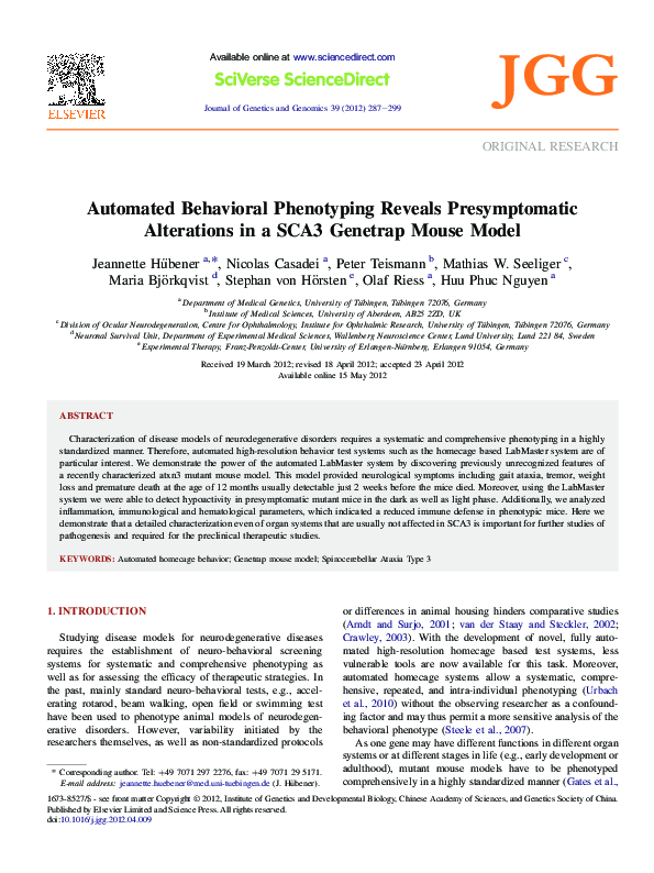 (PDF) Automated Behavioral Phenotyping Reveals Presymptomatic Alterations in a SCA3 Genetrap ...