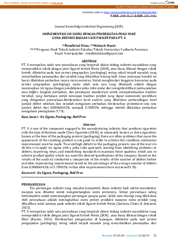 (PDF) Implementasi Six Sigma Dengan Pendekatan Poka Yoke Guna Reduksi Bagian Case Packer Pada Pt. X