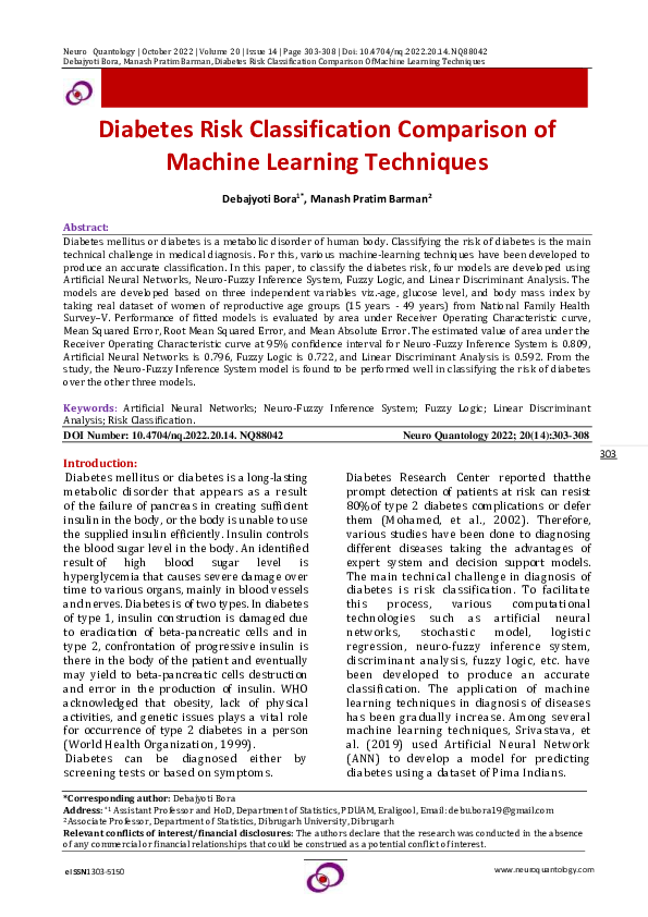 (PDF) Diabetes Risk Classification Comparison of Machine Learning ...