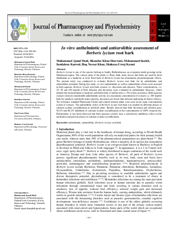 (PDF) In vitro anthelmintic and antiurolithic assessment of Berberis ...