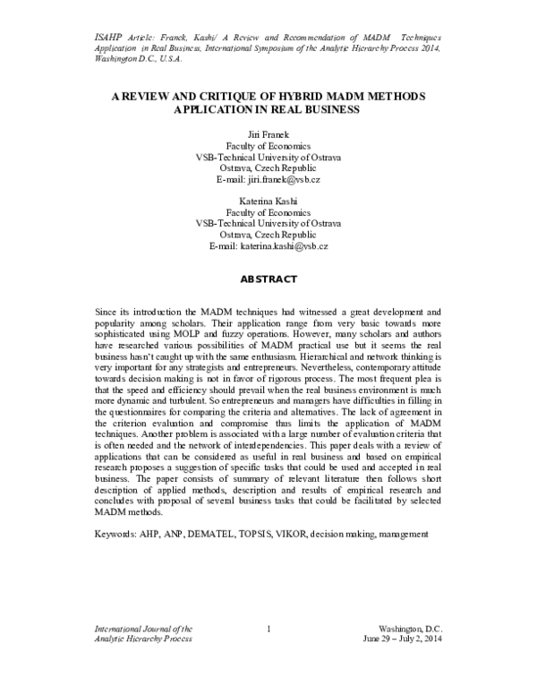 (PDF) A Review and Critique of Hybrid MADM Methods Application in Real ...