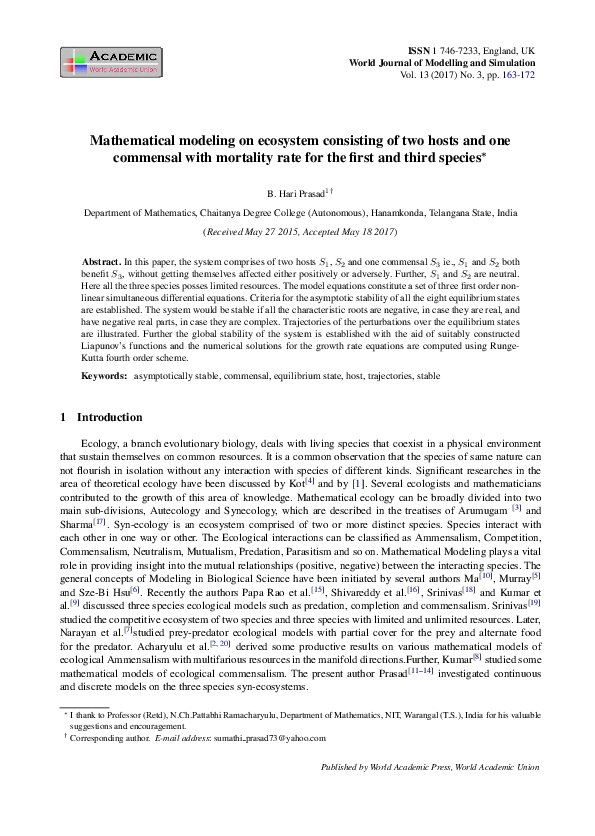 (PDF) Mathematical modeling on ecosystem consisting of two hosts and ...