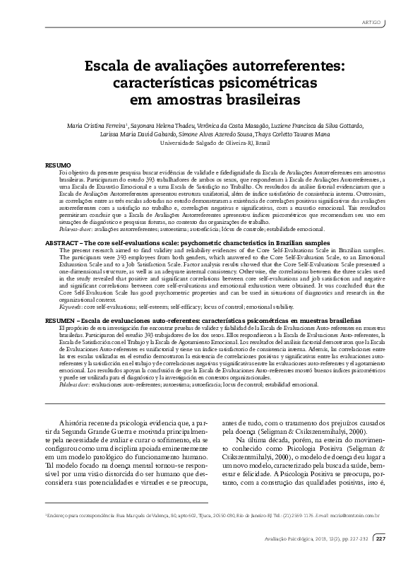 (PDF) The core self-evaluations scale: psychometric characteristics in ...