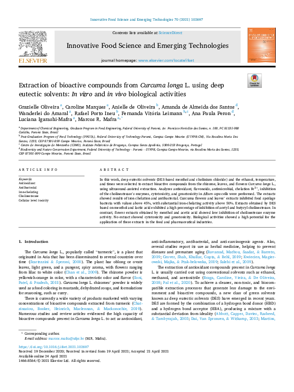 (PDF) Extraction of bioactive compounds from Curcuma longa L. using deep eutectic solvents: In ...