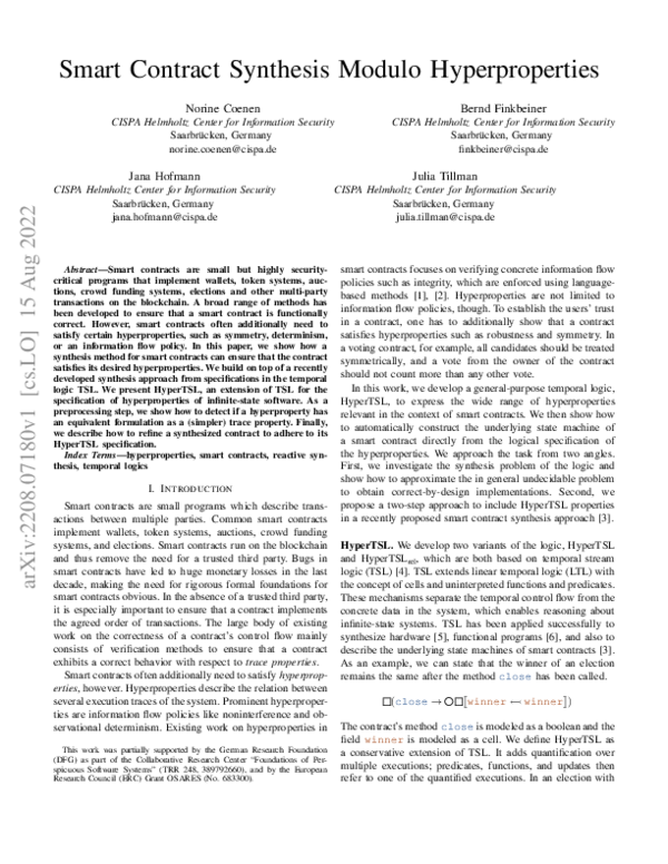 (PDF) Smart Contract Synthesis Modulo Hyperproperties