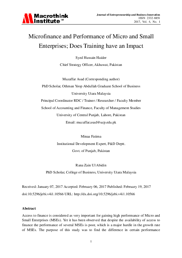 (PDF) Microfinance and Performance of Micro and Small Enterprises: Does Training have an Impact