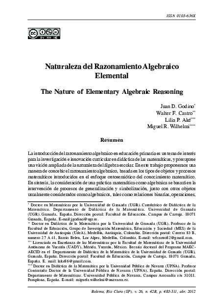 (PDF) Naturaleza del razonamiento algebraico elemental