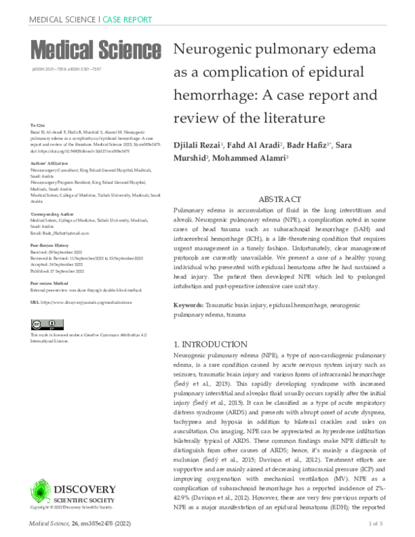 (PDF) Neurogenic pulmonary edema as a complication of epidural ...
