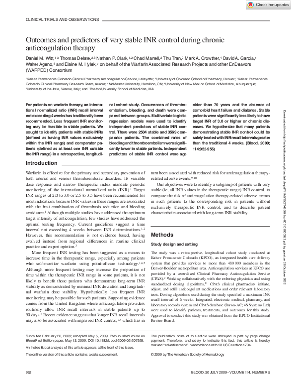 (PDF) Outcomes and predictors of very stable INR control during chronic ...