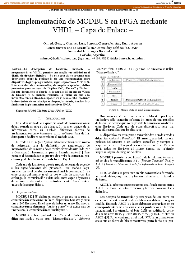 (PDF) Implementación de MODBUS en FPGA mediante VHDL – Capa de Enlace (PDF) Implementación de MODBUS en FPGA mediante VHDL – Capa de Enlace