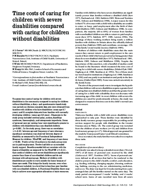 (PDF) Time costs of caring for children with severe disabilities ...