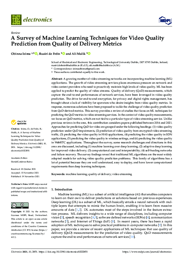 (PDF) A Survey of Machine Learning Techniques for Video Quality ...