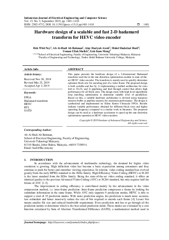 (PDF) Hardware design of a scalable and fast 2-D hadamard transform for HEVC video encoder