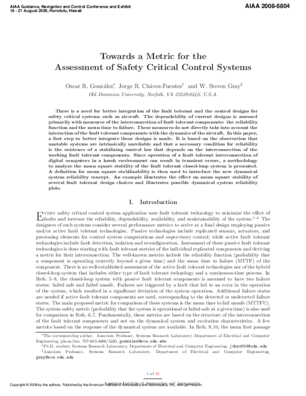 (PDF) Towards a Metric for the Assessment of Safety Critical Control ...